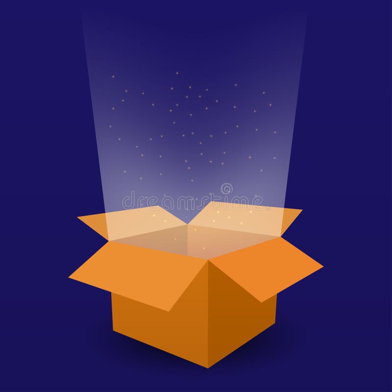 Open Box with Outcoming Light and Magic Sparkles. Vector Illustration ...