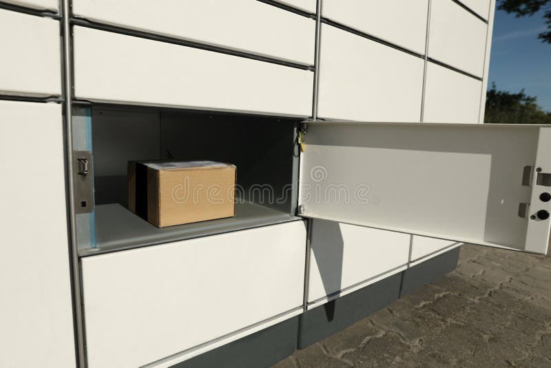 Open Box with Package in Parcel Locker Stock Photo - Image of mail ...