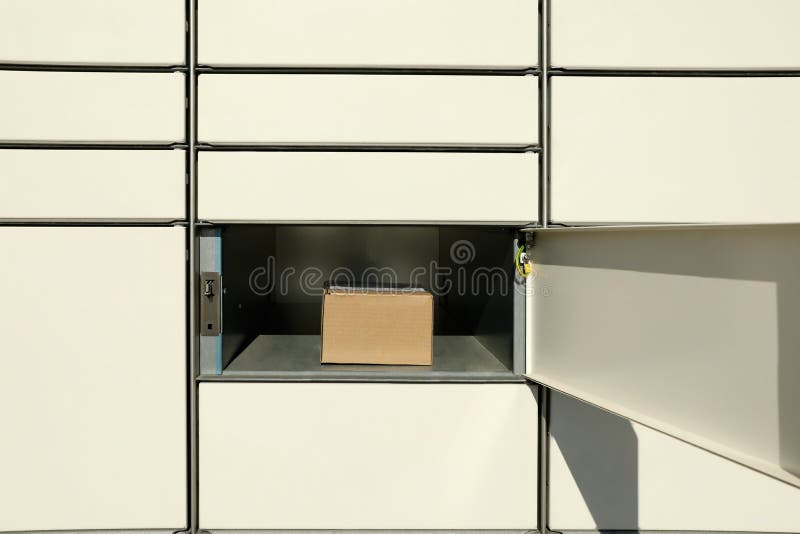 Open Box with Package in Parcel Locker Stock Photo - Image of package ...