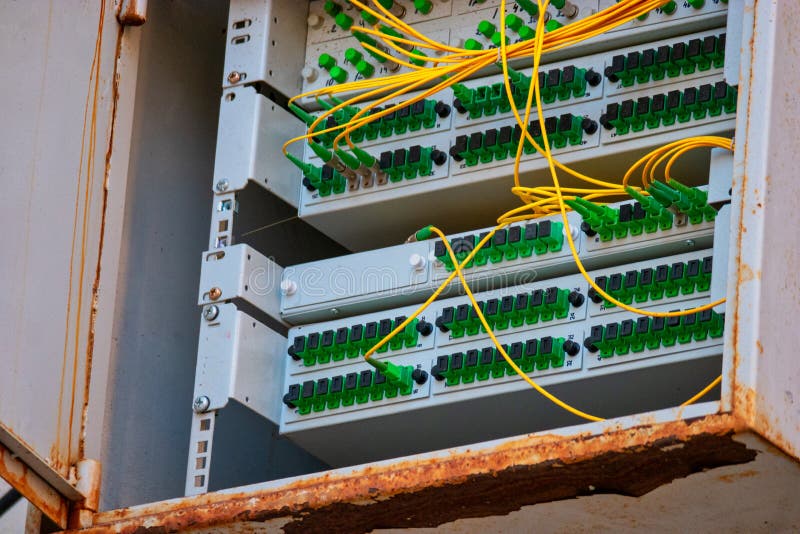 Open Box with Patch-panels with Many Fiber Optic Cords Stock Photo ...