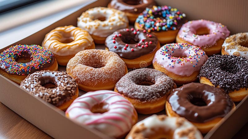 An Open Box with a Variety of Donuts, Topped with Different Glazes and ...