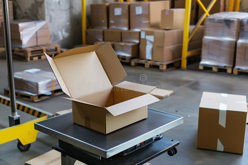 An Open Box on a Weighing Scale, Warehouse Parcels Around Stock Photo ...