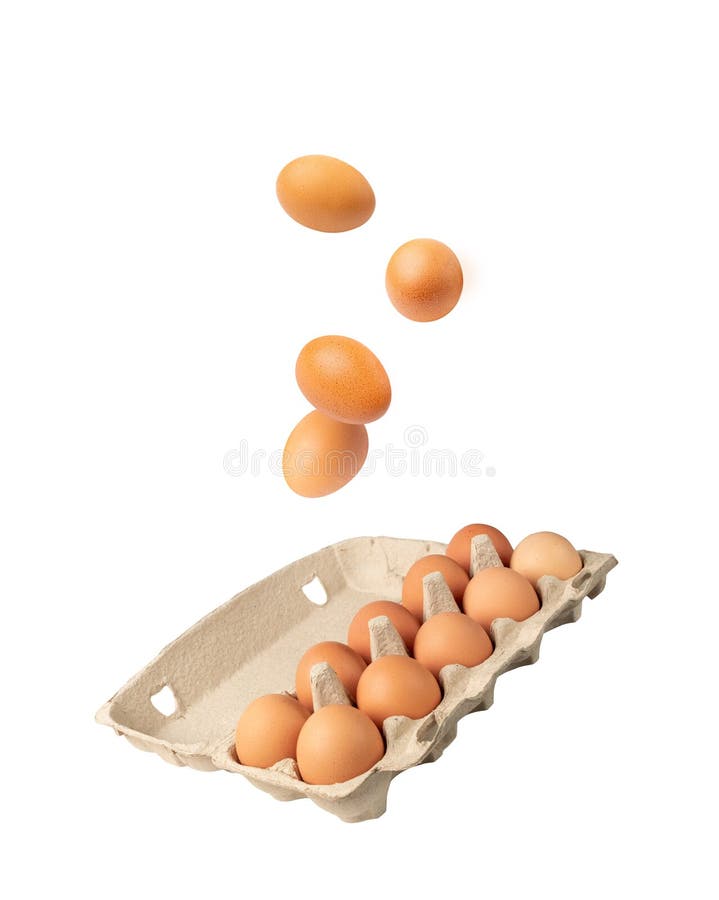 Open Box with Whole Brown Eggs Falling Isolated on White Background ...