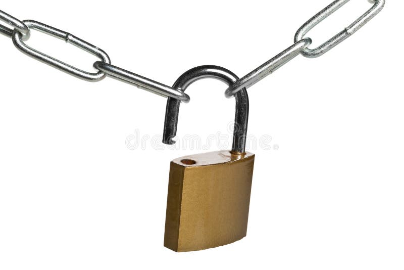 Open Brass Padlock Connecting Two Chains Over White Background Stock ...