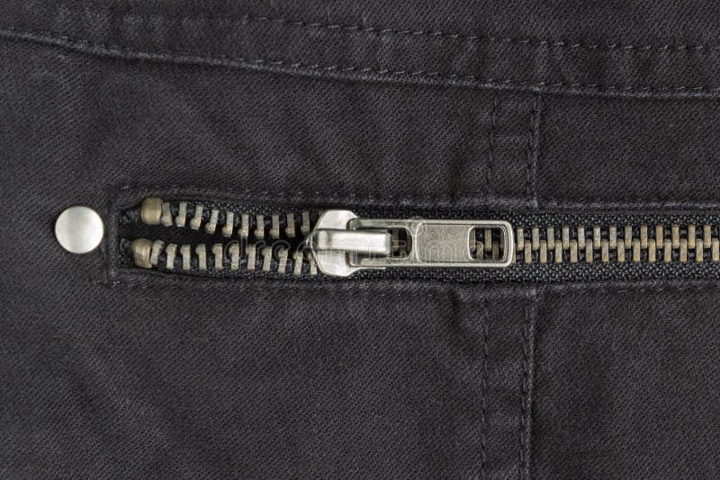 Open Brass Zip on Black Jeans Texture Background Vertical Close Up View ...