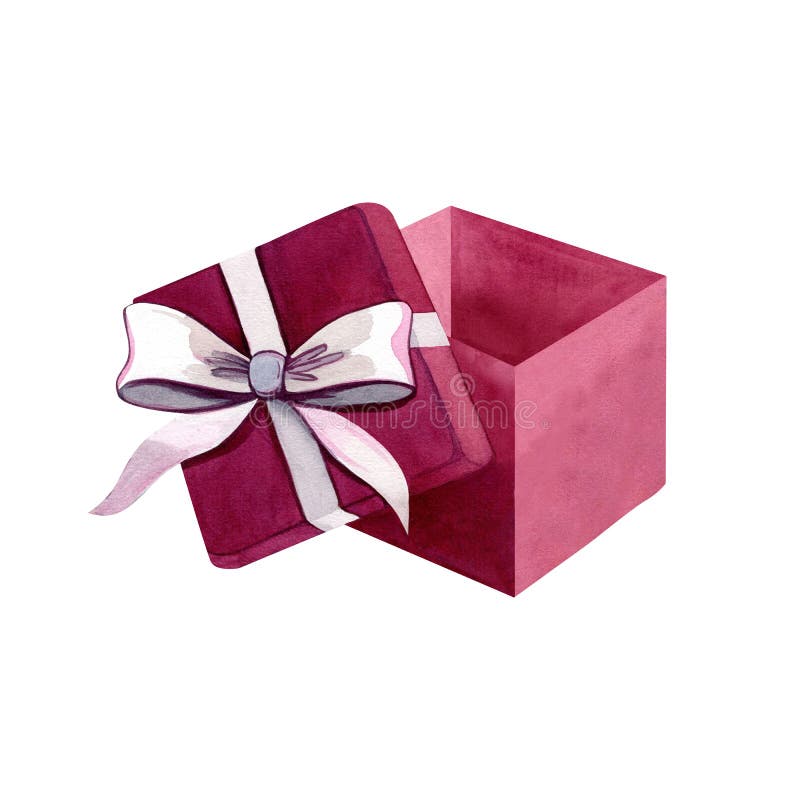 An Open Bright Pink Gift Box with a White Bow. Watercolor Illustration ...