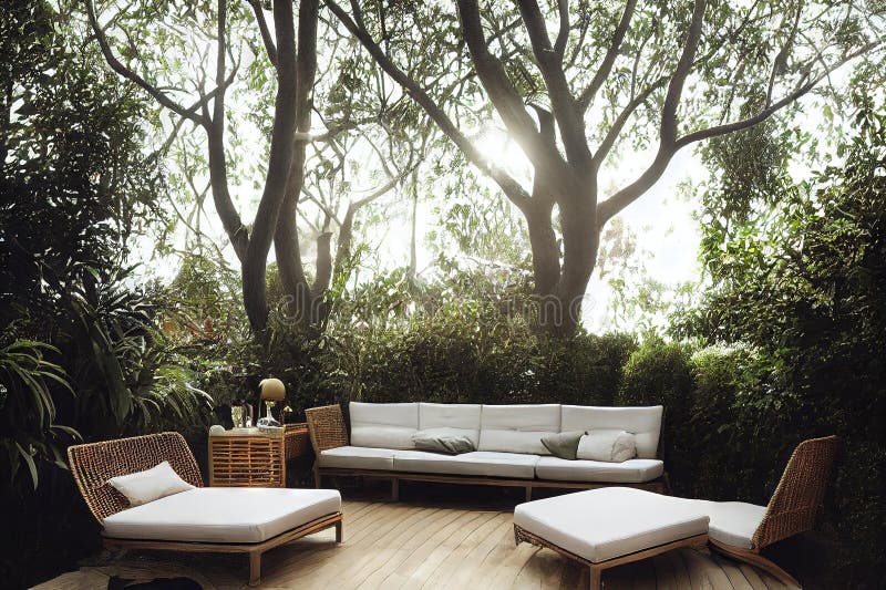 Open Bright Terrace Under Trees in Cozy House Exterior. Stock ...