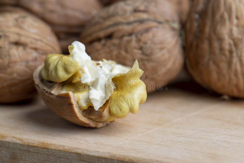 Open and Broken Walnut Shells Lying on the Table Stock Image - Image of ...