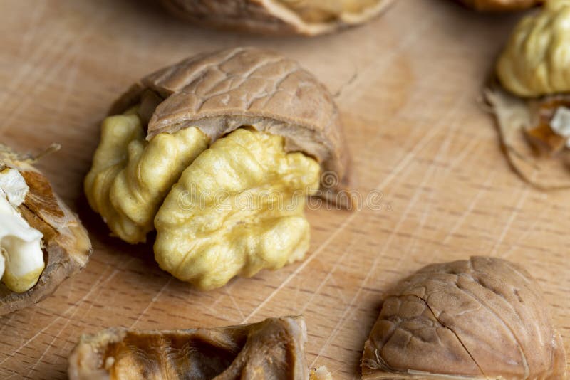 Open and Broken Walnut Shells Lying on the Table Stock Image - Image of ...