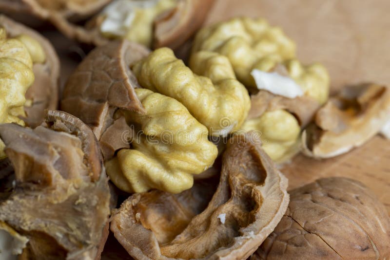 Open and Broken Walnut Shells Lying on the Table Stock Image - Image of ...