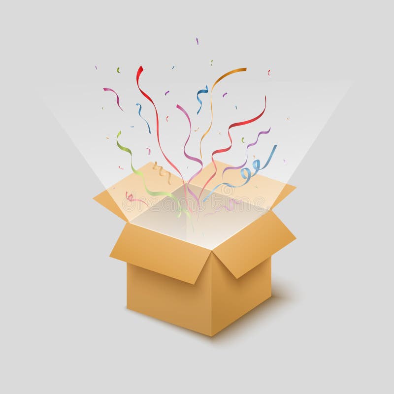 Open Brown Box. Vector Illustration Confetti Fly Out of the Box ...