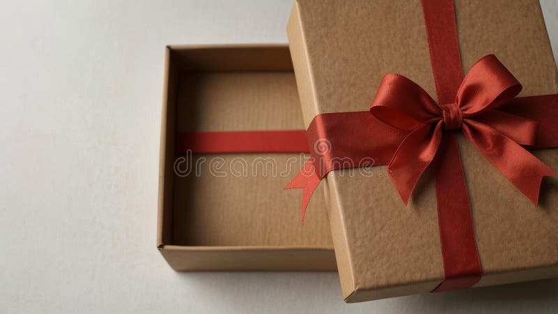 Open Brown Gift Box with Red Ribbon Bow on White Table Stock Image ...