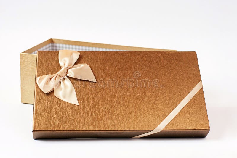 Open Brown Gift Box with Ribbon Bow, Isolated on White Stock Image ...