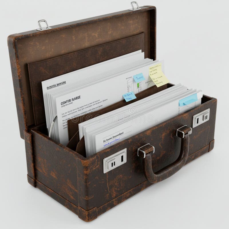 An Open Brown Leather Briefcase Contains Organized Stacks of Documents ...