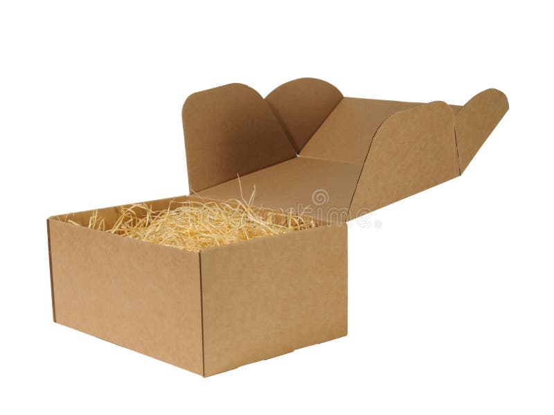Open Brown Rectangular Paper Box Filled with Paper Filler on White ...
