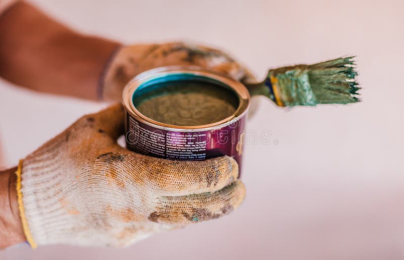 Open Bucket of Blue Green Paint in Hands Stock Image - Image of green ...