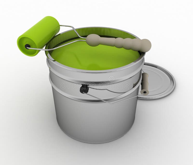 Open Bucket with Green Paint and Roller Stock Illustration ...
