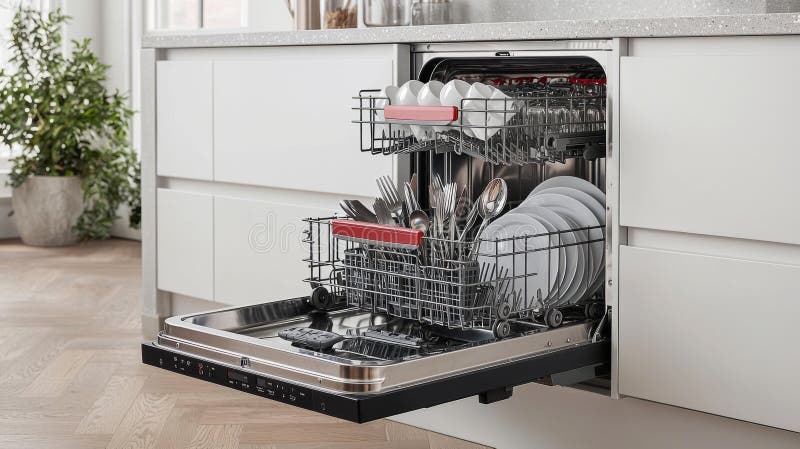 Open Built-in Dishwasher Machine with Clean Cutlery, Dishes, Plates in ...
