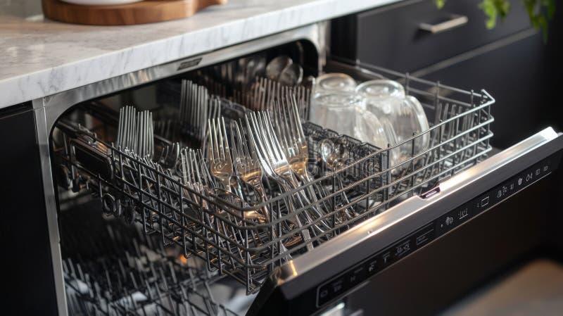 Open Built-in Dishwasher Machine with Clean Cutlery, Dishes, Plates in ...