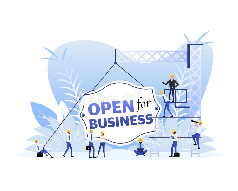 Open for Business Sign Door, Many People. Vector Illustration Stock ...