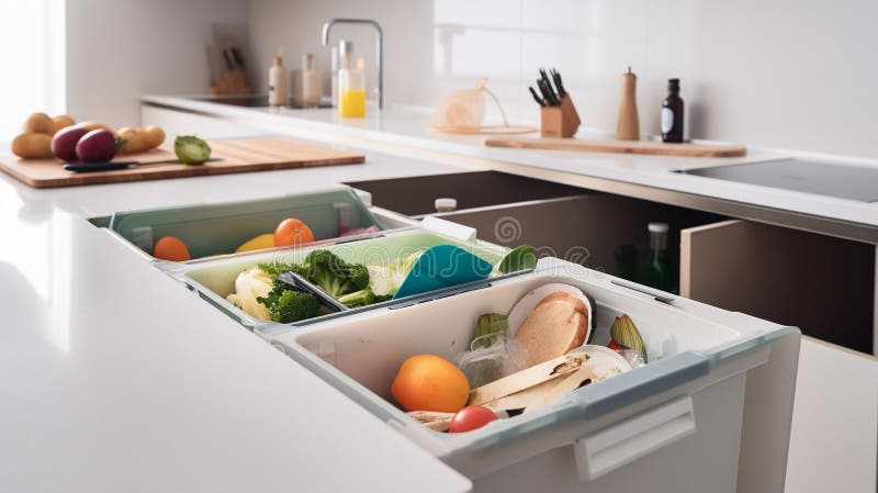 Open Cabinet with Full Trash Bins for Separate Waste Collection in ...