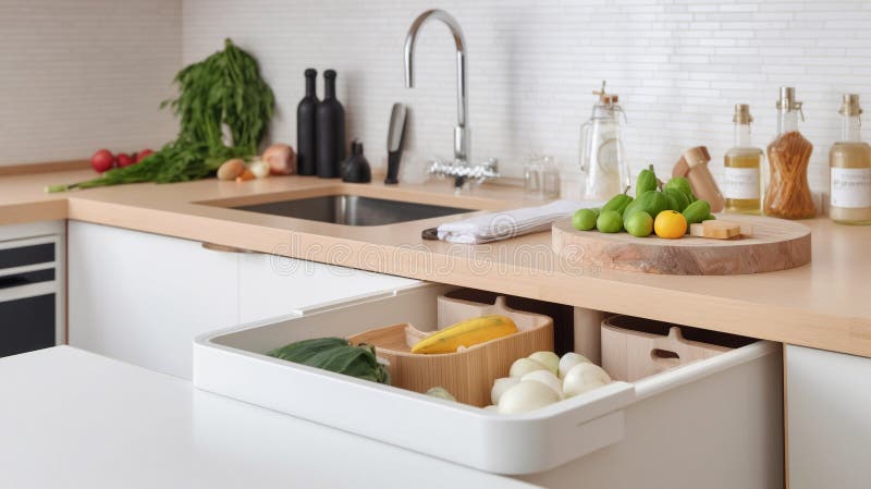 Open Cabinet with Full Trash Bins for Separate Waste Collection in ...