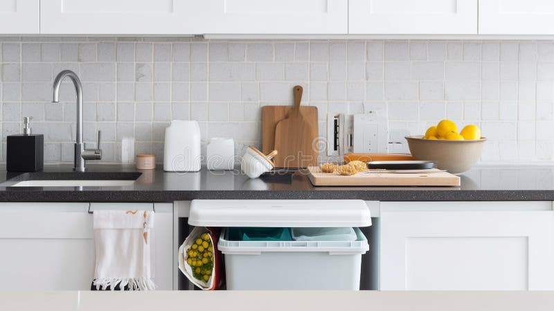 Open Cabinet with Full Trash Bins for Separate Waste Collection in ...