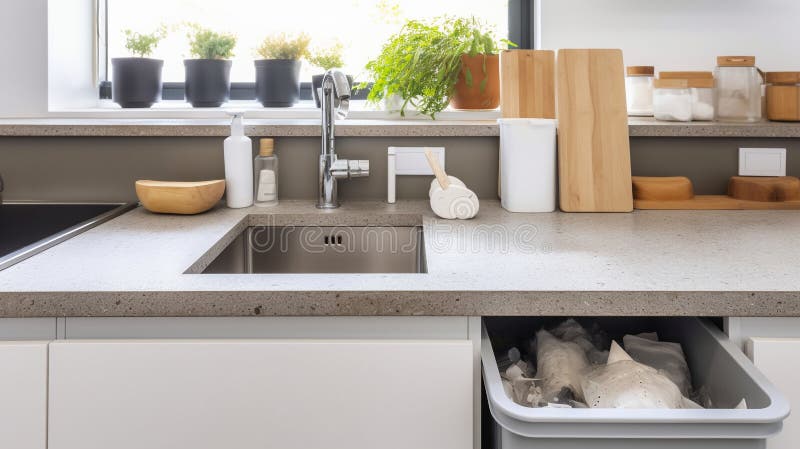 Open Cabinet with Full Trash Bins for Separate Waste Collection in ...