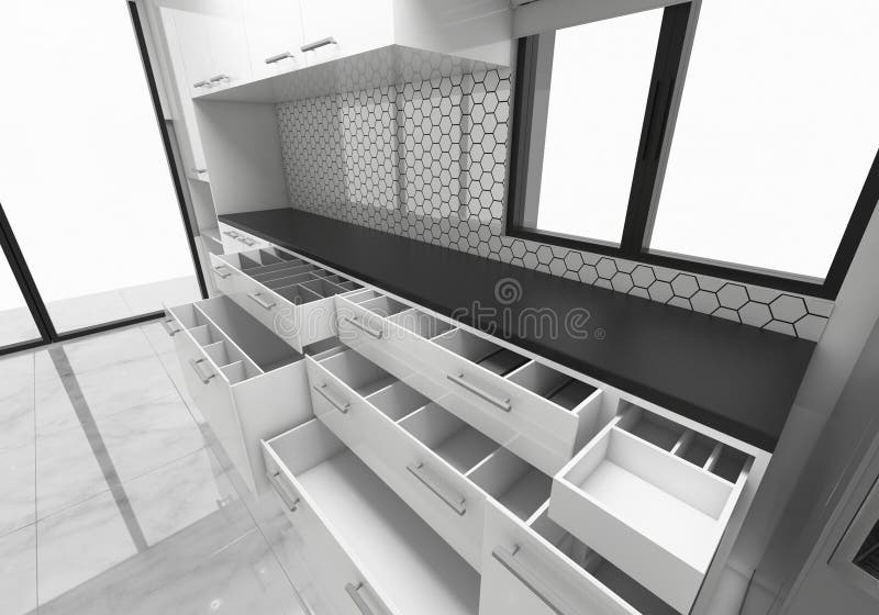 Open Cabinets Kitchen Ideas, 3D Rendering Mock-up Concept Design Stock ...