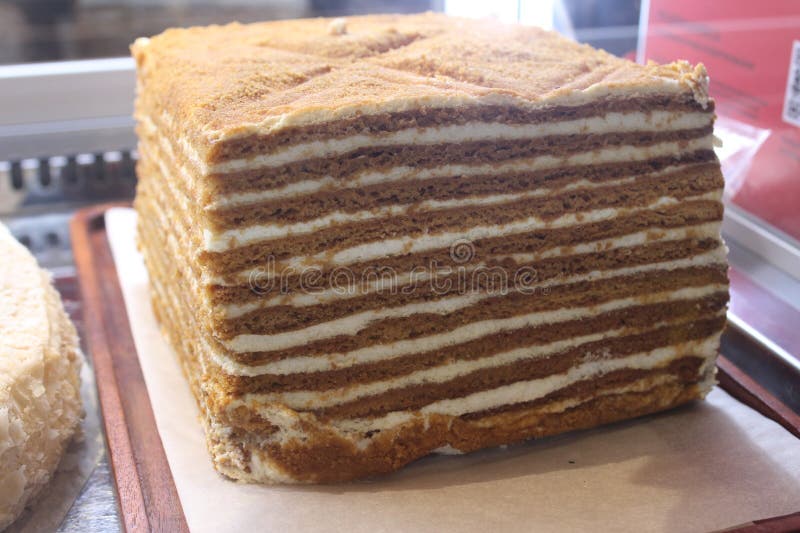 Open Cake. Layers of Cakes and Cream Close-up Side View Stock Image ...