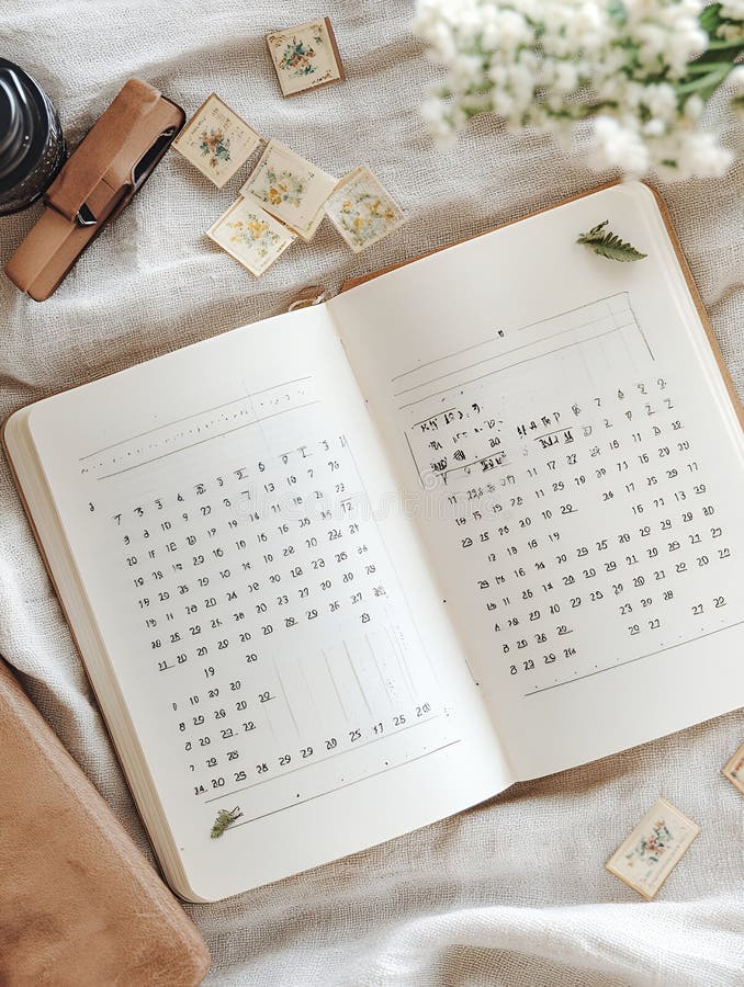 Open Calendar with Vintage Floral Decorations on a Textured Fabric ...