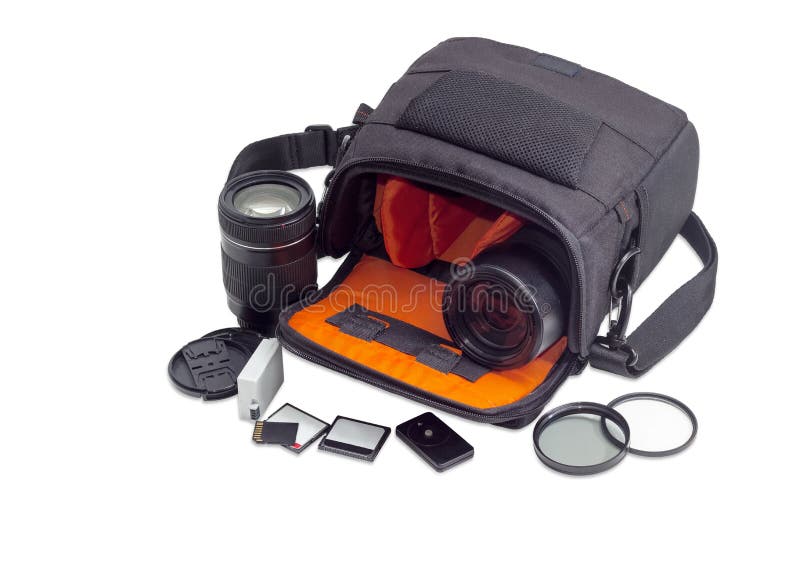 Open Camera Bag, Photo Lenses and Some Photo Accessories Stock Photo ...