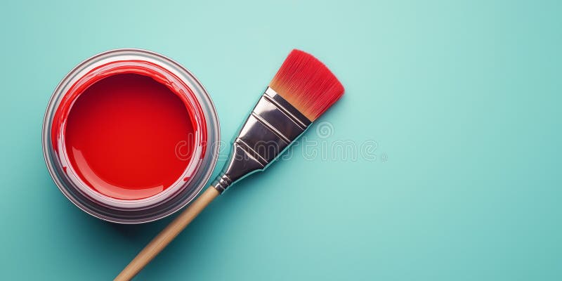Open Can of Red Paint with Brush on Blue Background, Repair Concept ...