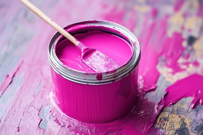 An Open Can of Vibrant Pink Paint with a Brush Resting on Top, Creating ...