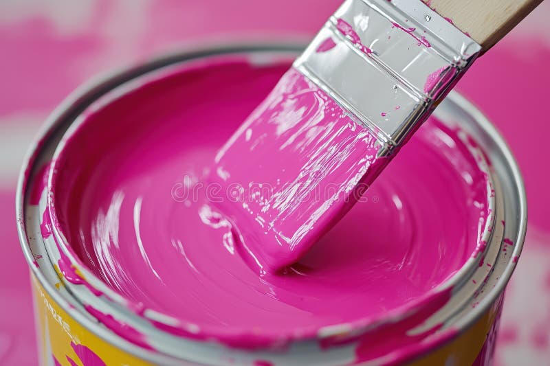 An Open Can of Vibrant Pink Paint with a Brush Resting on Top, Creating ...
