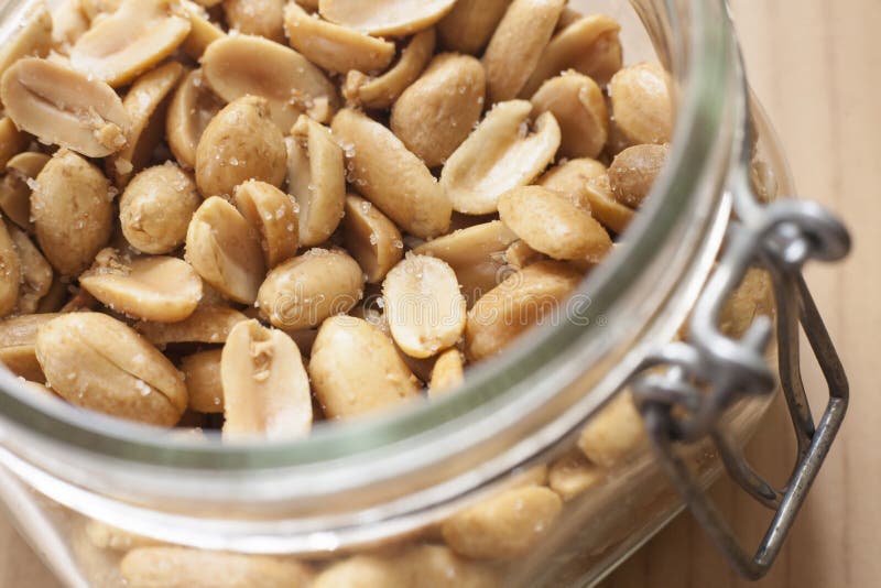 Open Canning Jar with Fried Salty Peanuts. Overhead View Stock Photo ...