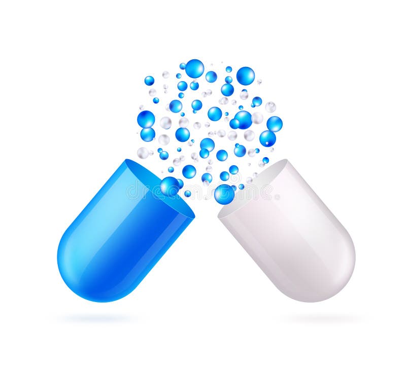 Open Capsule Pill with Falling Out Blue and Gray Molecules in Realistic ...
