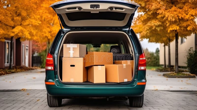 Open Car Trunk with Moving Boxes Outdoors. Generative AI Stock ...