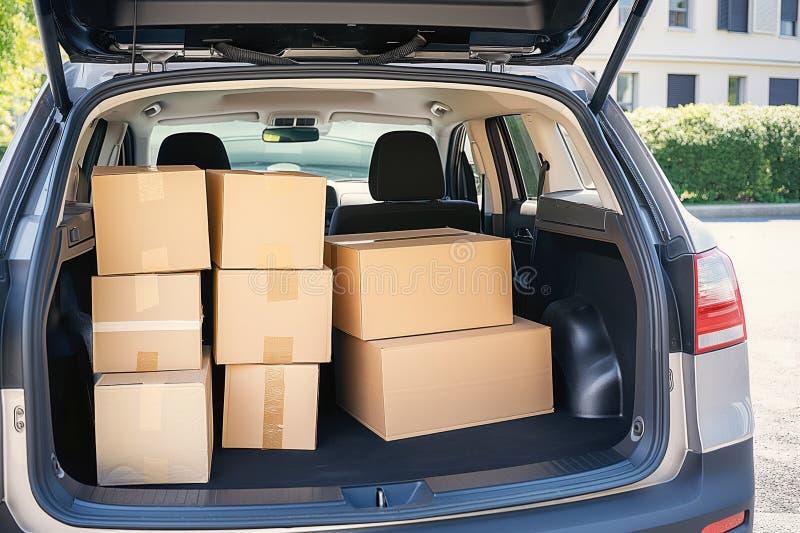Open Car Trunk with Moving Boxes Outdoors. Boxes and Packages Stacked ...