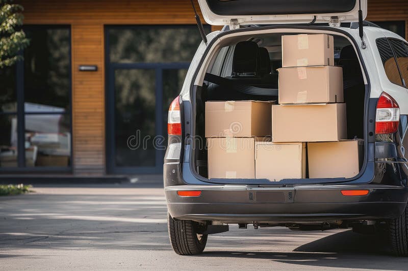 Open Car Trunk with Moving Boxes Outdoors. Boxes Stacked High, Ready ...