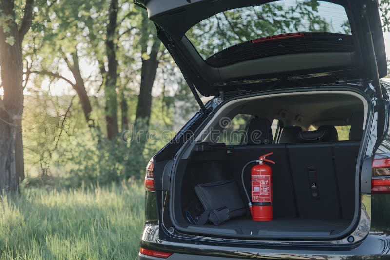 Open Car Trunk with a Red Fire Extinguisher Inside Against a Green ...