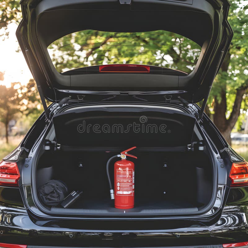 Open Car Trunk with a Red Fire Extinguisher Inside Against a Green ...