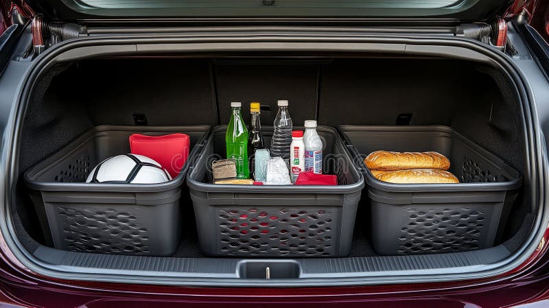 Open Car Trunk with Storage Bins, Packed for a Road Trip, Organized ...