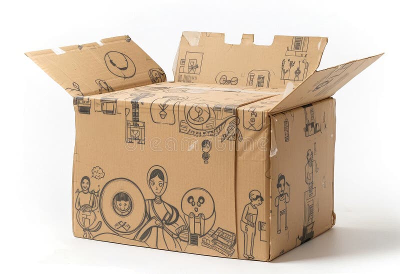 Open Cardboard Box with Artistic Illustrations on White Background ...