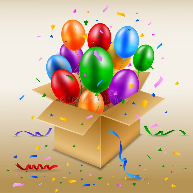 Open Cardboard Box with Birthday Balloons Stock Vector - Illustration ...
