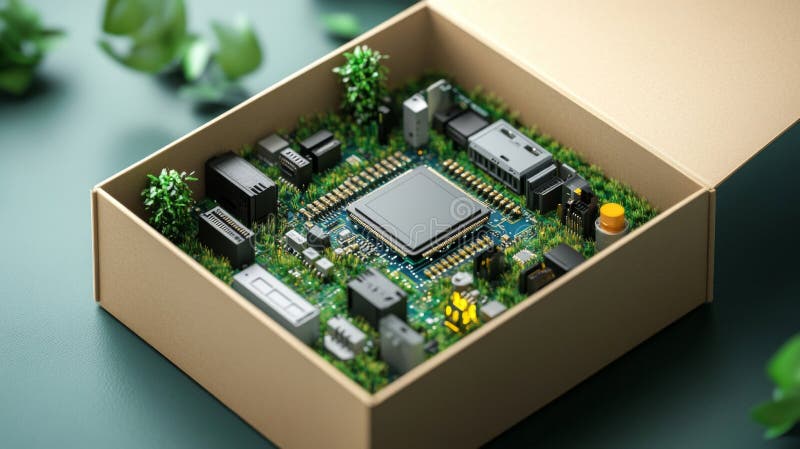 Open Cardboard Box with a Circuit Board Covered in Green Grass and a ...