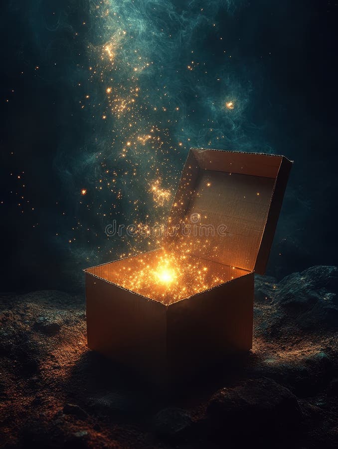 An Open Cardboard Box Emits Radiant Light Beams in a Dark, Expansive ...
