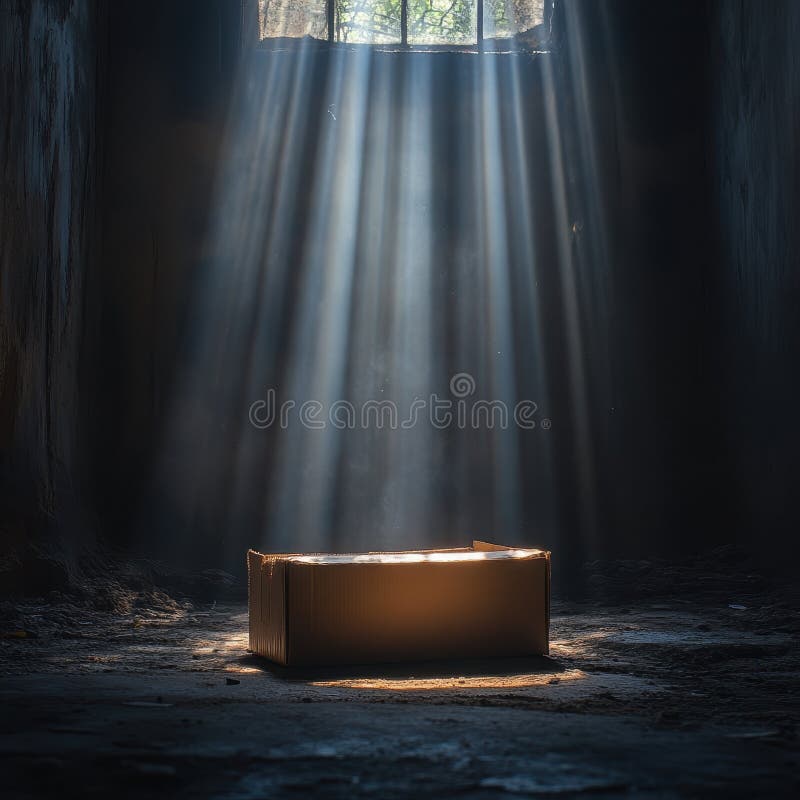 An Open Cardboard Box Emits Radiant Light Beams in a Dark, Expansive ...