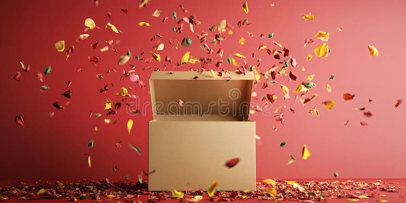 Open Cardboard Box with Falling Colorful Petals on Red Background Gift ...