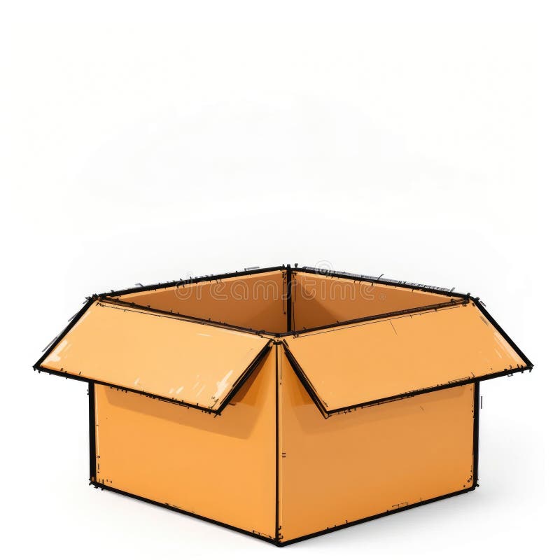 Open Cardboard Box Illustration with Black Outlines on White Background ...